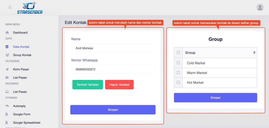 Mengelola Data Kontak (edit, tambah dan hapus) – Docs Starsender V3